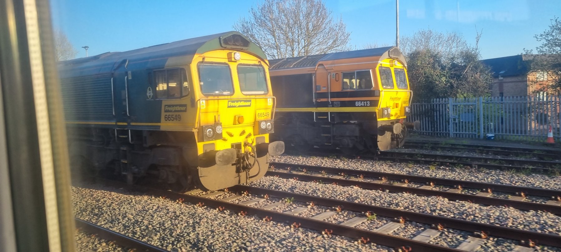 Photo of 66549 and 66413 at Stoke Gifford Freightliner yard — trainlogger